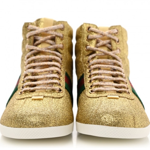 Gucci | Shoes | 195 Gucci Gold Glitter Hi Top Sneakers Green Red White ...
